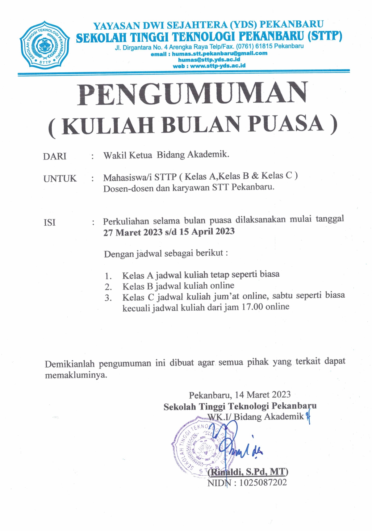 Pengumuman Libur Menjelang Puasa Dan Jadwal kuliah di bulan Puasa