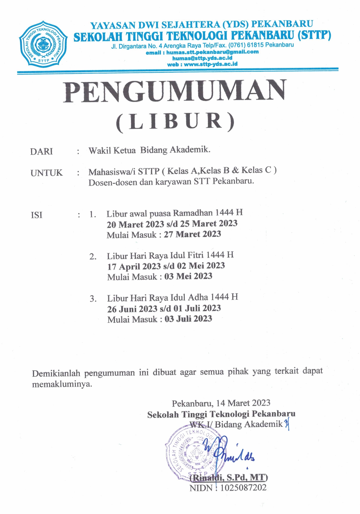 Pengumuman Libur Menjelang Puasa Dan Jadwal kuliah di bulan Puasa